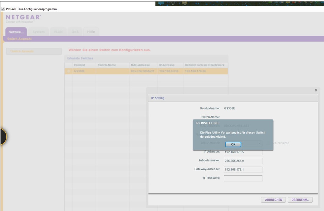 GS308E Error : Plus Utility Verwaltung ist derzeit deaktiviert ...