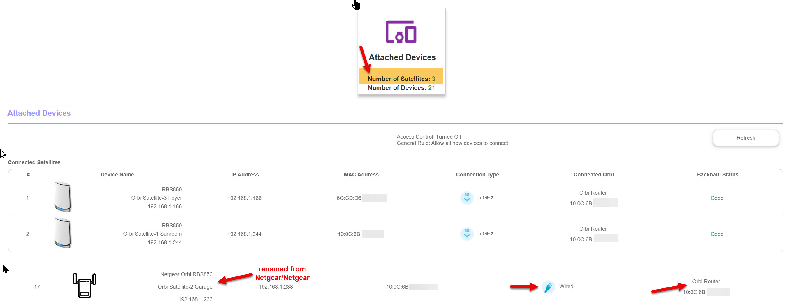 Orbi Satellite RBS850 wired backhaul shows as connected device not in ...