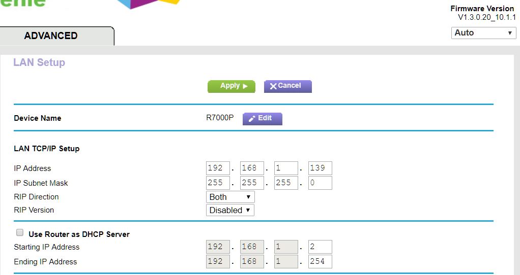 r7000p as access point has fixed ip address by default that prevents ...