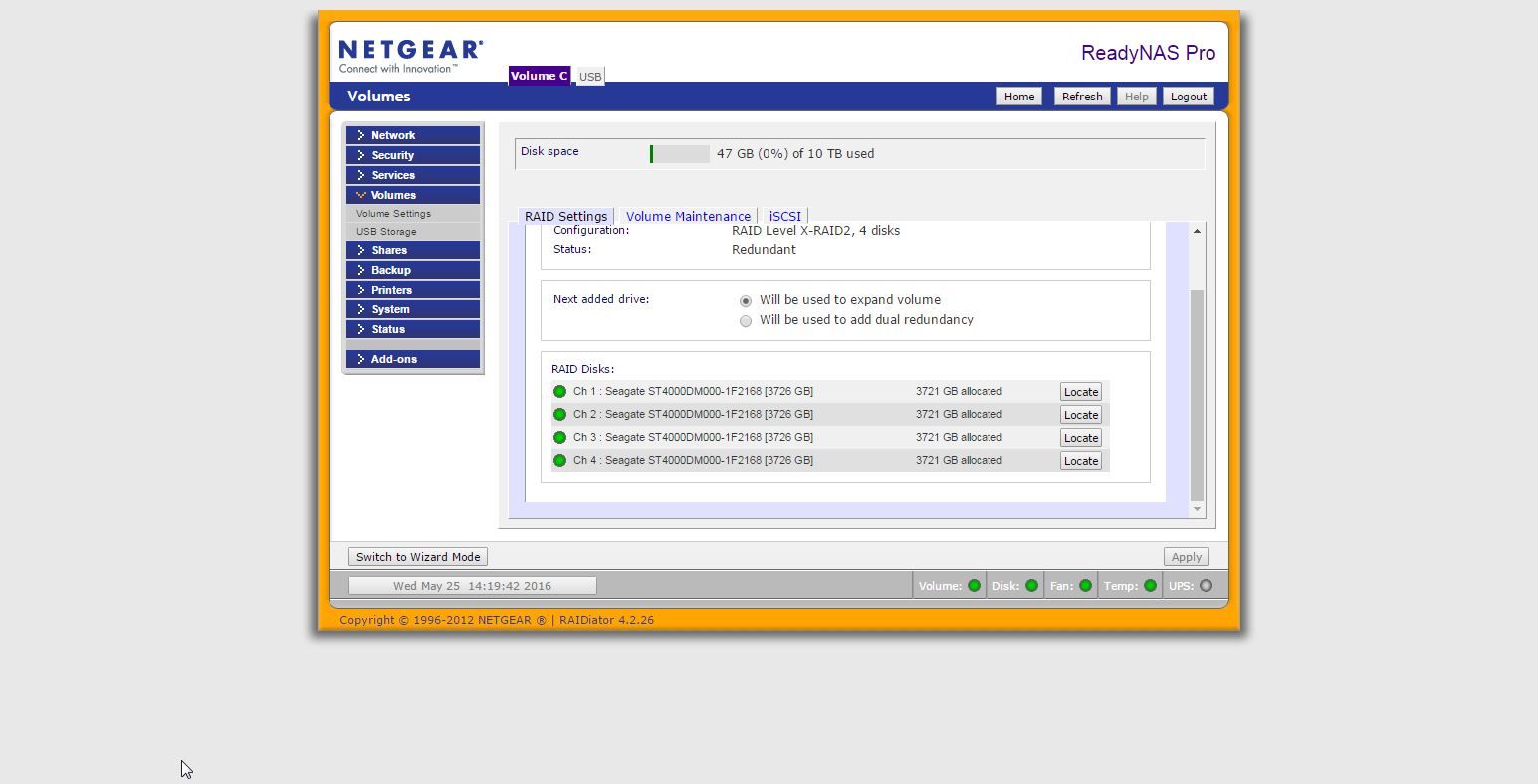 Readynas not recognizing true size of hard drive. 4TB X 4 = 10TB only ...