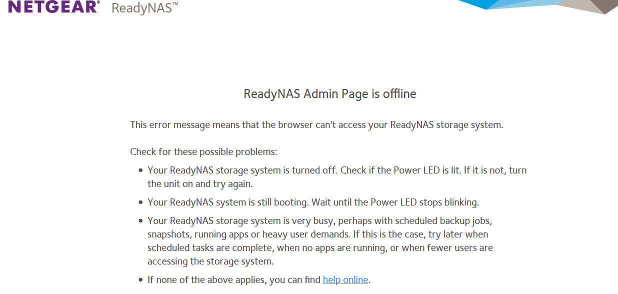 ReadyNAS "Admin Page" is offline | NETGEAR Communities