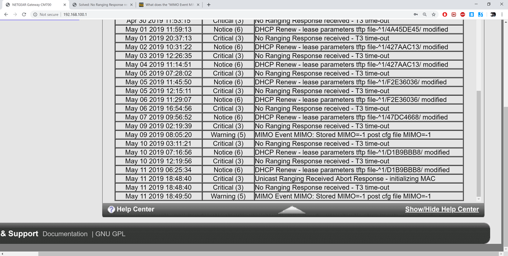 CM700 constant reboot "No ranging Response Received-T3 Time out ...