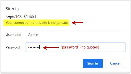Unable to log into http://192.168.100.1 because "Your connection to this site is not private ...