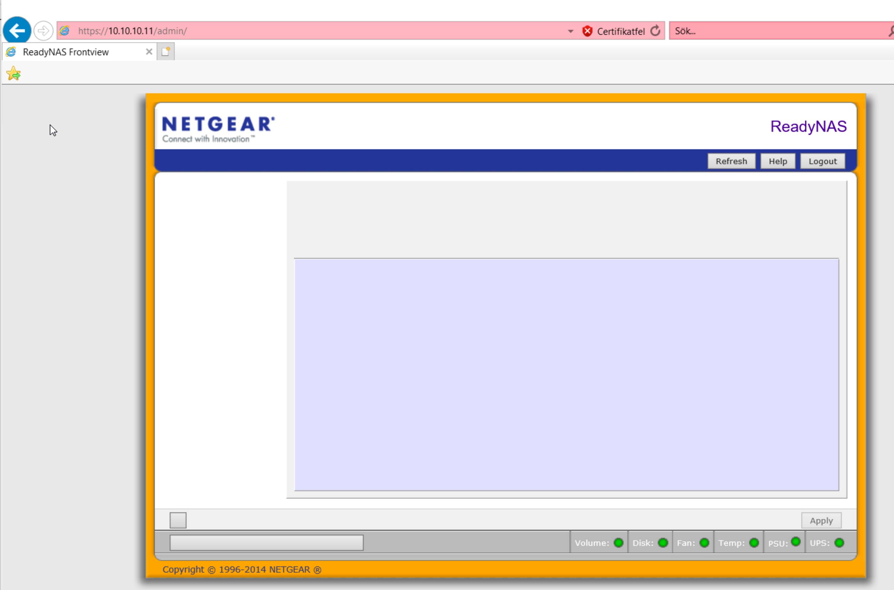 Readynas Ultra 6 frontview with firmware 4.x shows an empty frame without the configuration ...