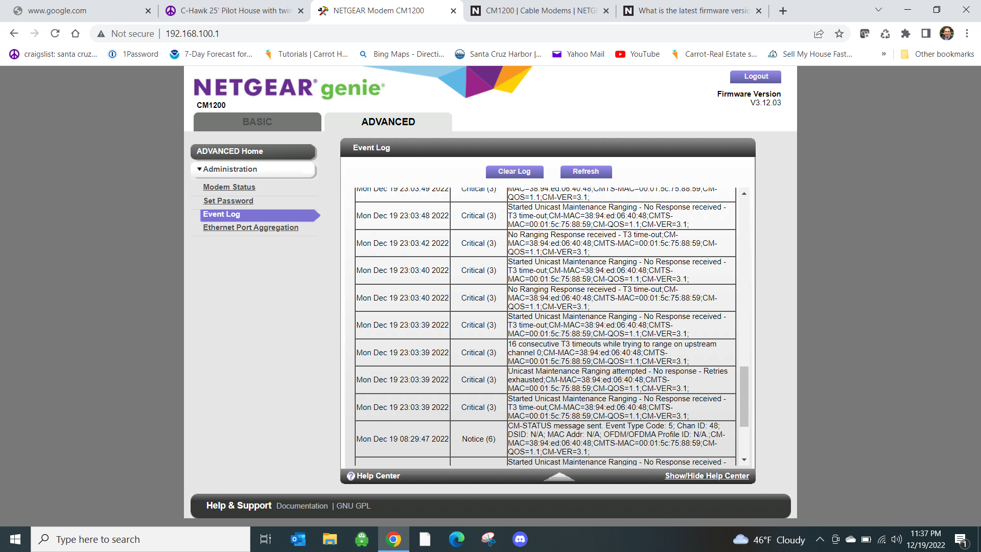 Re: Nighthawk CM1200-numerous critical and warning messages in log- connection intermittent ...